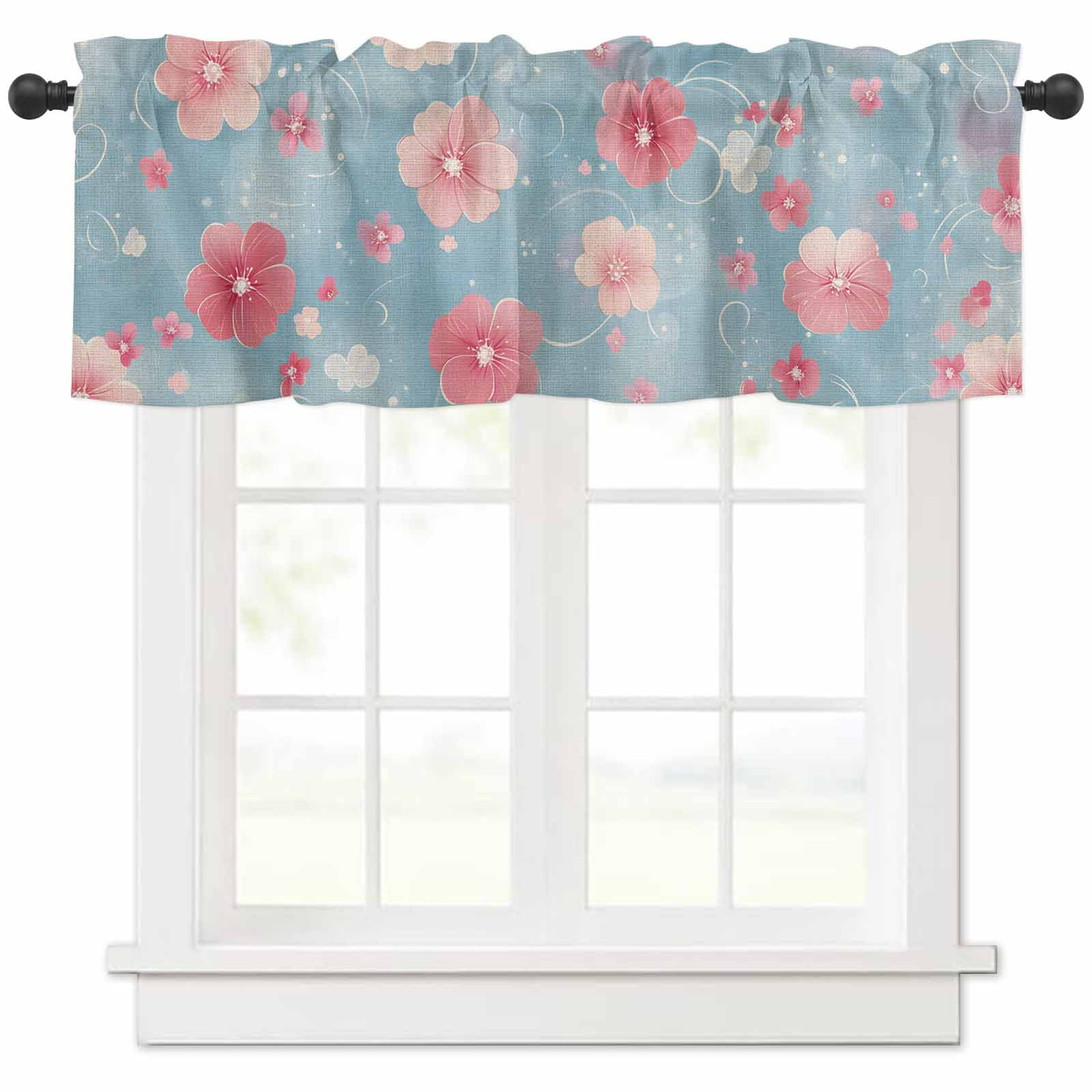 Pink Spring Flowers Valances for Windows Farmhouse Kitchen Curtains ...