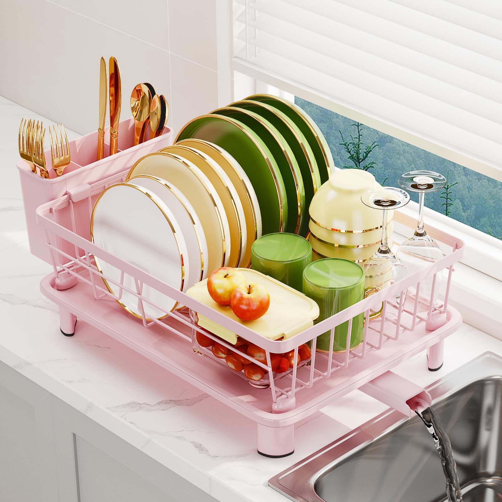Pink Stainless Steel Dish Drying Rack with Drip Tray for Kitchen ...