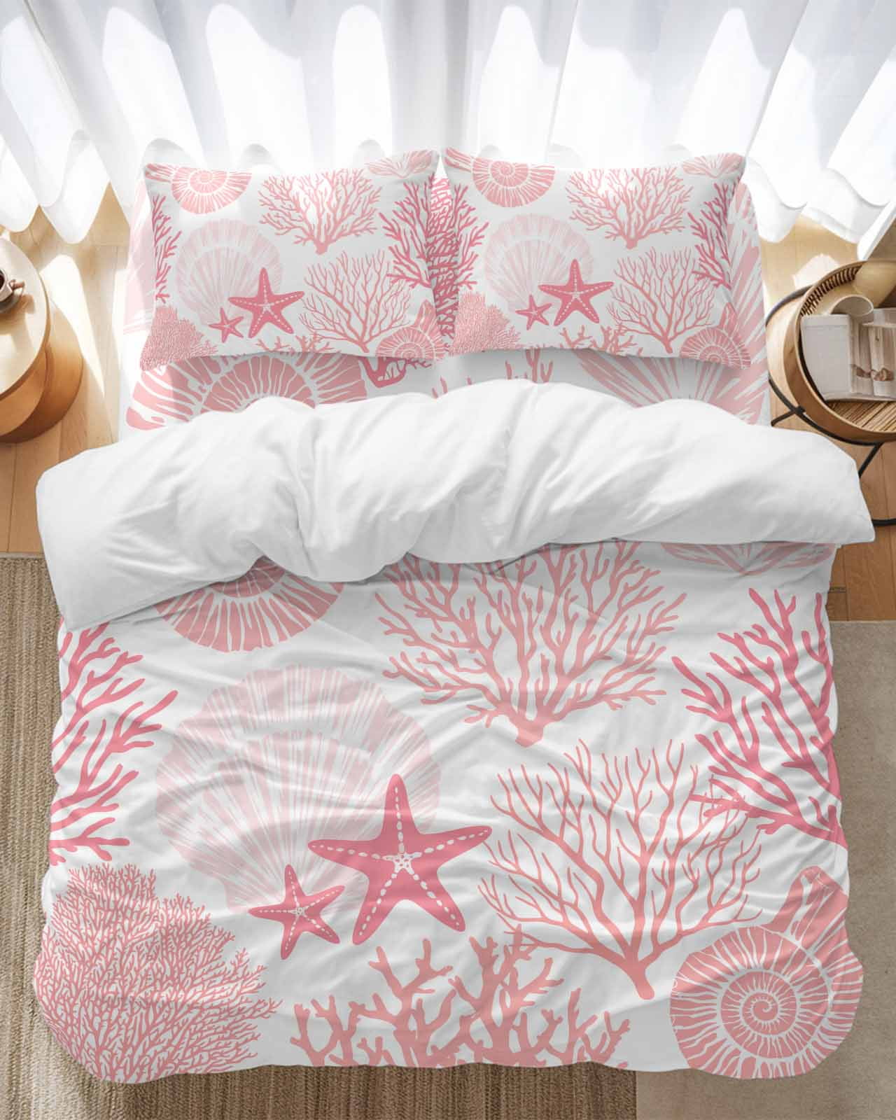 Pink Starfish Shell Coral Bedding Duvet Cover Set Full Size 4 Pieces ...