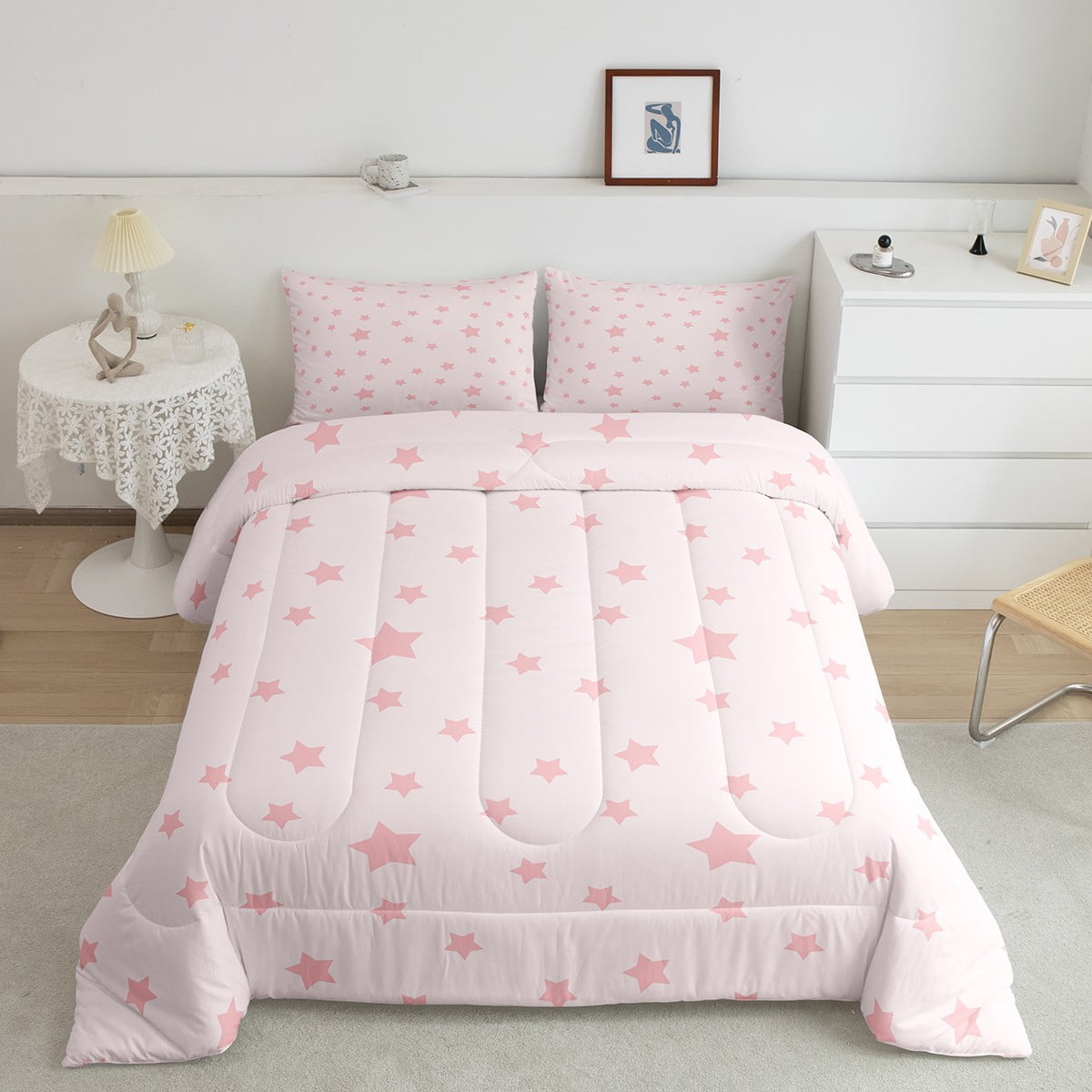 Pink Stars Comforter Set Queen Size,Cartoon Starry Sky Princess Dreamy ...
