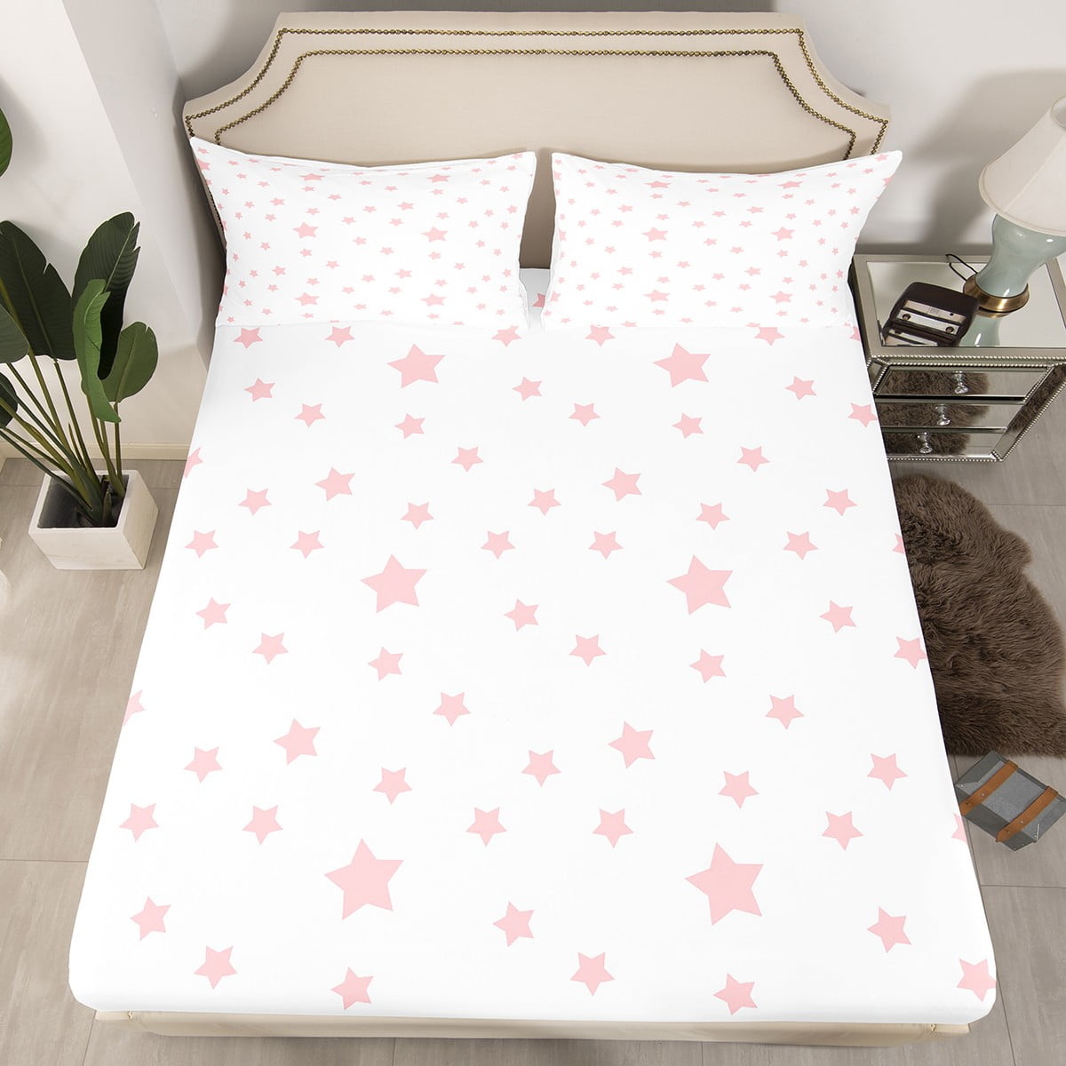 Pink Stars Kids Fitted Sheet Full Size,Starry Sky Cartoon Romantic ...