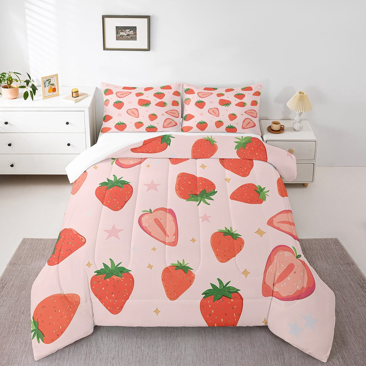 Pink Strawberry Bedding Set for Adults,Summer Fruit Comforter Sets King ...