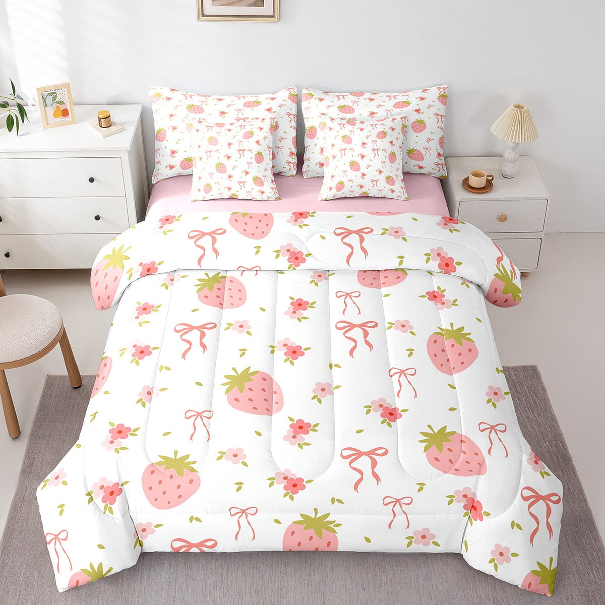 Pink Strawberry Comforter Set 7 Piece Bed in a Bag Twin,Cute Ribbon ...
