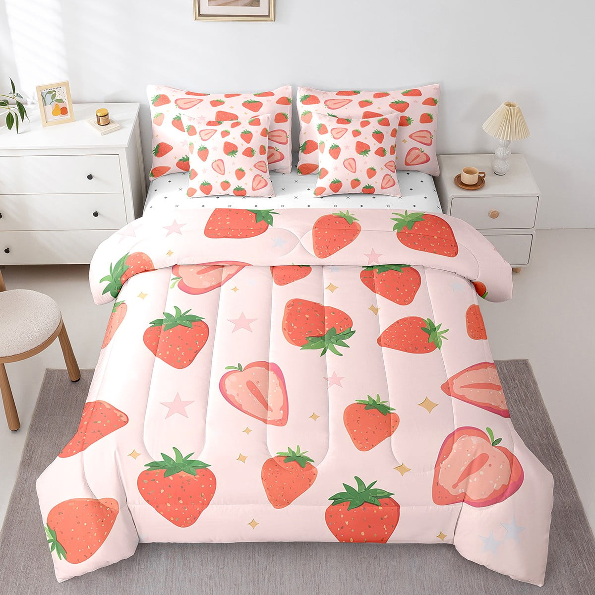 Pink Strawberry Queen Comforter Set 7 Pieces,Summer Fruit Comforter ...