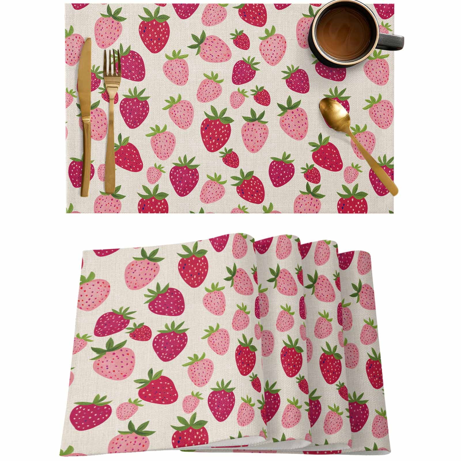 Pink Strawberry Summer Fruit Placemats Set of 4,Wipeable Washable Table ...