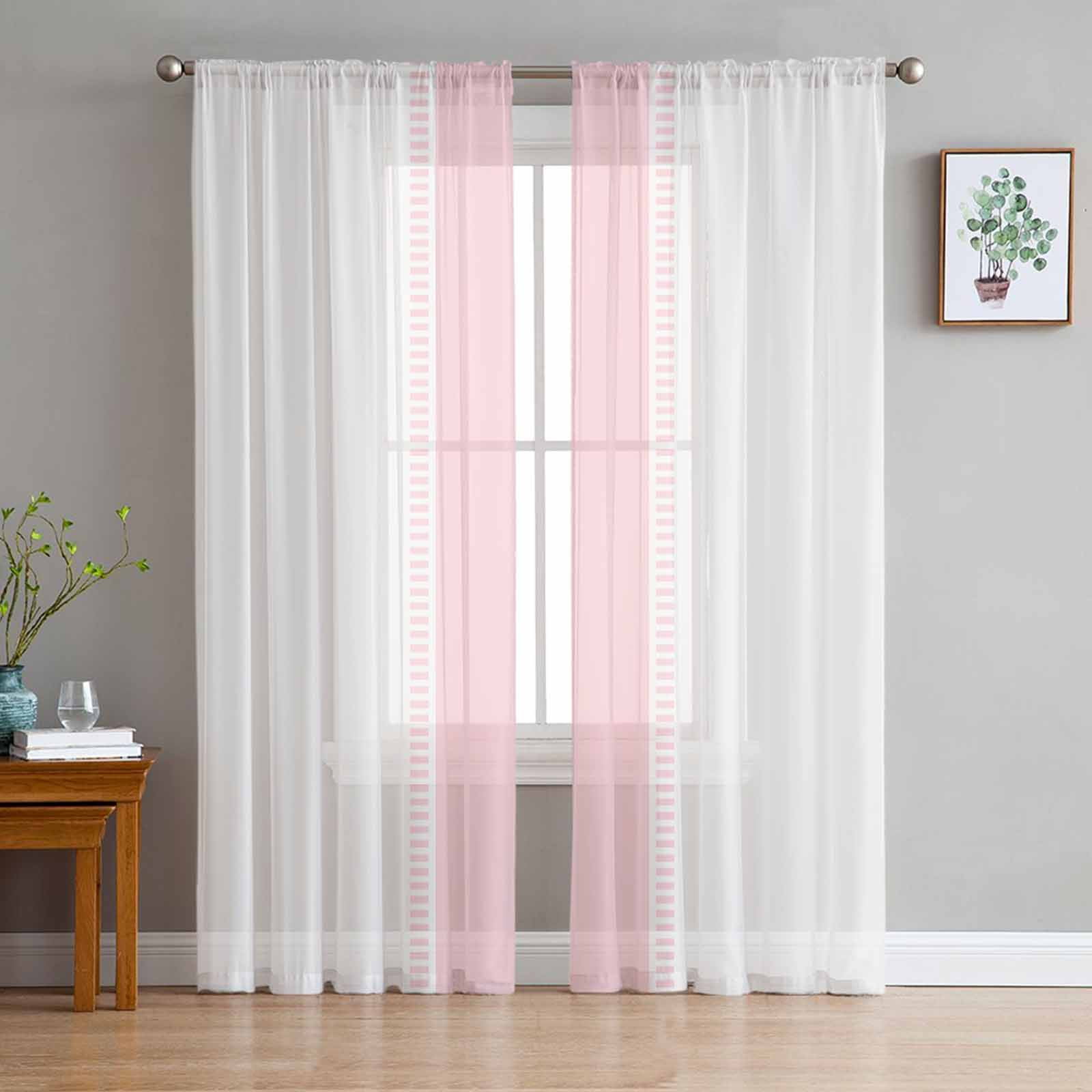 Pink Striped Solid Texture Sheer Curtains for Living Room ration Window ...