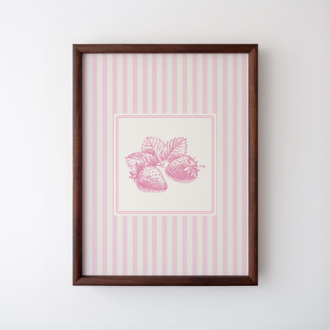 Pink Striped Strawberries Line Illustration Print, Vertical Portrait ...