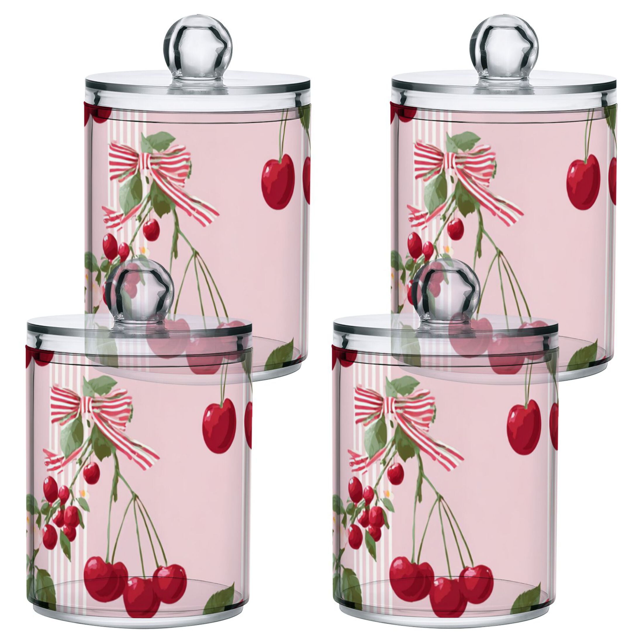 Pink Stripes Bowknots on Cherries Leaves Translucent Plastic Cans ...