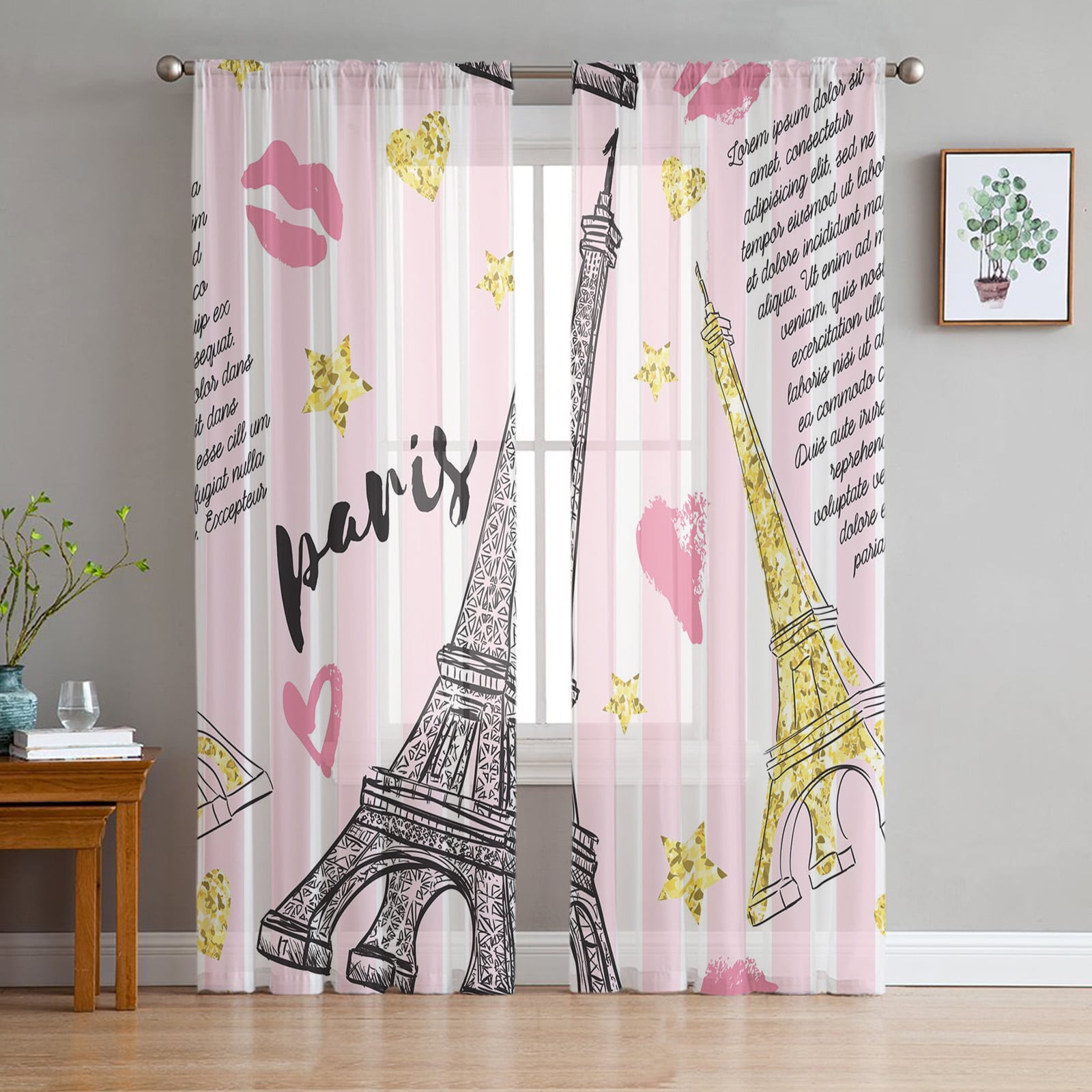 Pink Stripes Eiffel Tower Lips Tulle Curtains for Living Room Bedroom ...