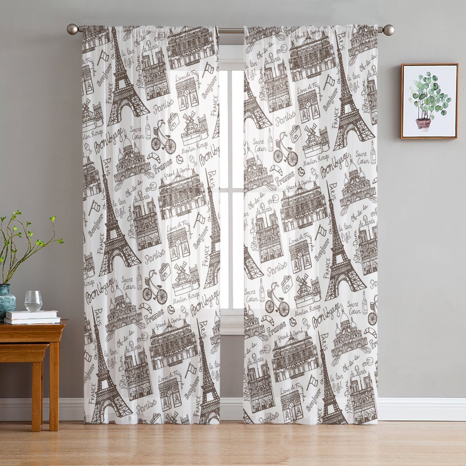 Pink Stripes Eiffel Tower Lips Tulle Curtains for Living Room Bedroom ...