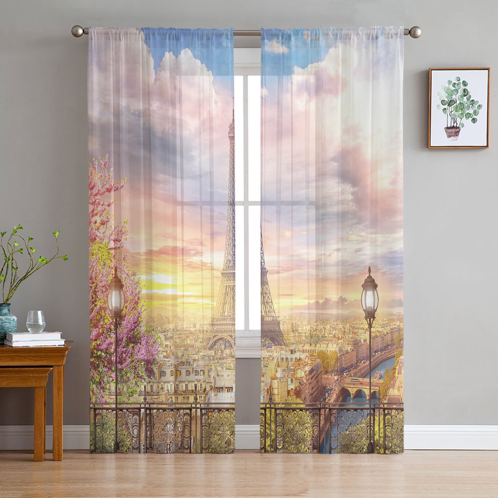 Pink Stripes Eiffel Tower Lips Tulle Curtains for Living Room Bedroom ...