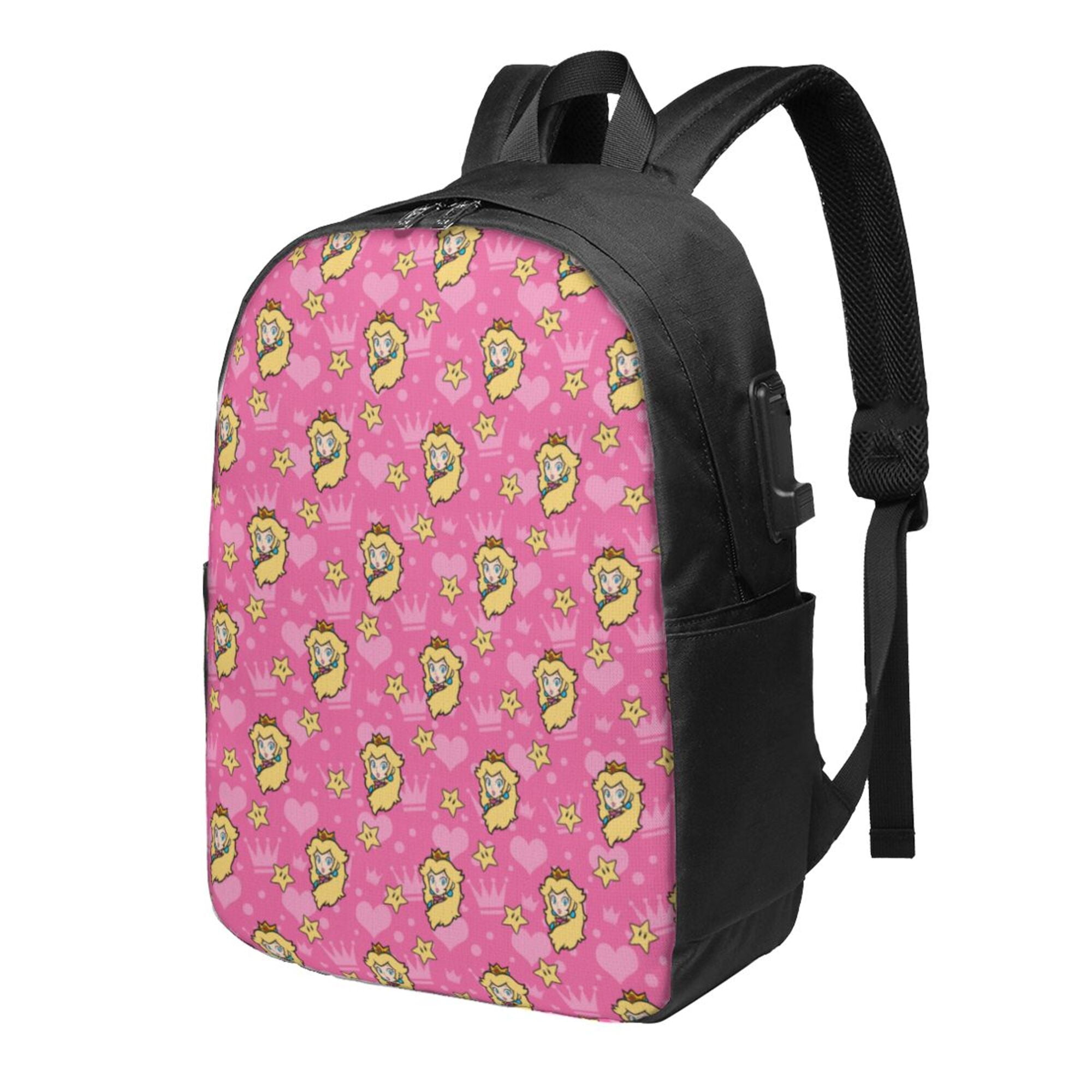 Pink Su-per Ma-rio Princess Peach Travel Backpack with USB Port ...