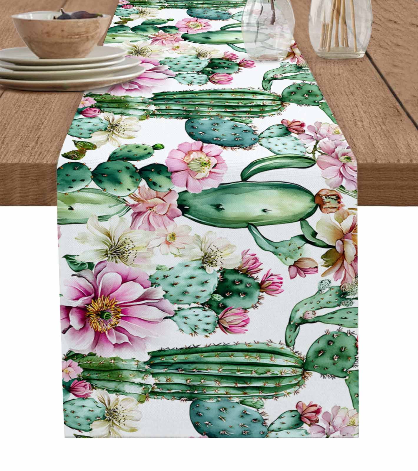 Pink Succulent Table Runner 72 Inches, Green Cactus Pastoral Watercolor Bed Runner Dresser ...