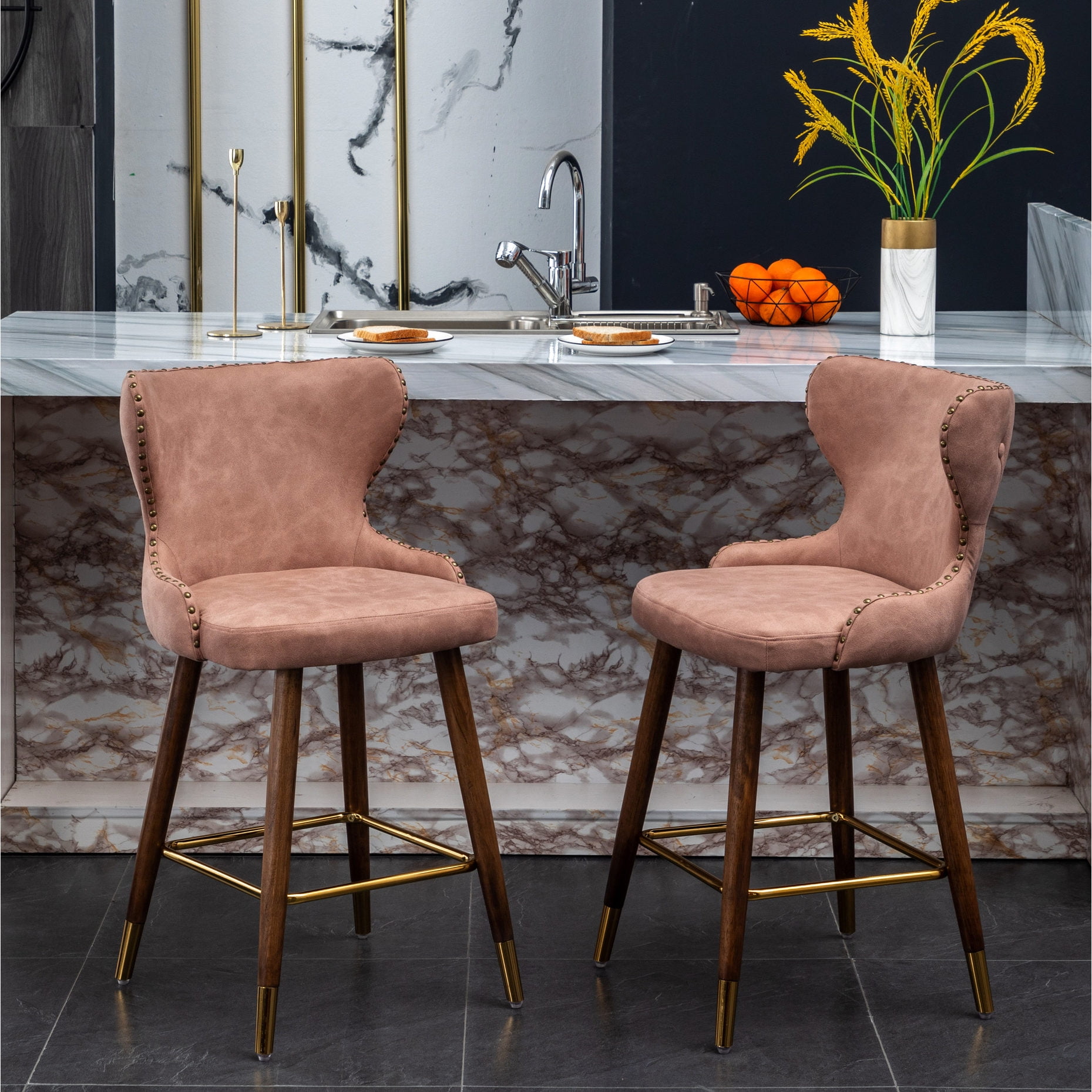 Pink Suede-like Texture, Curved Seat - Mid-century Counter Stool Set ...