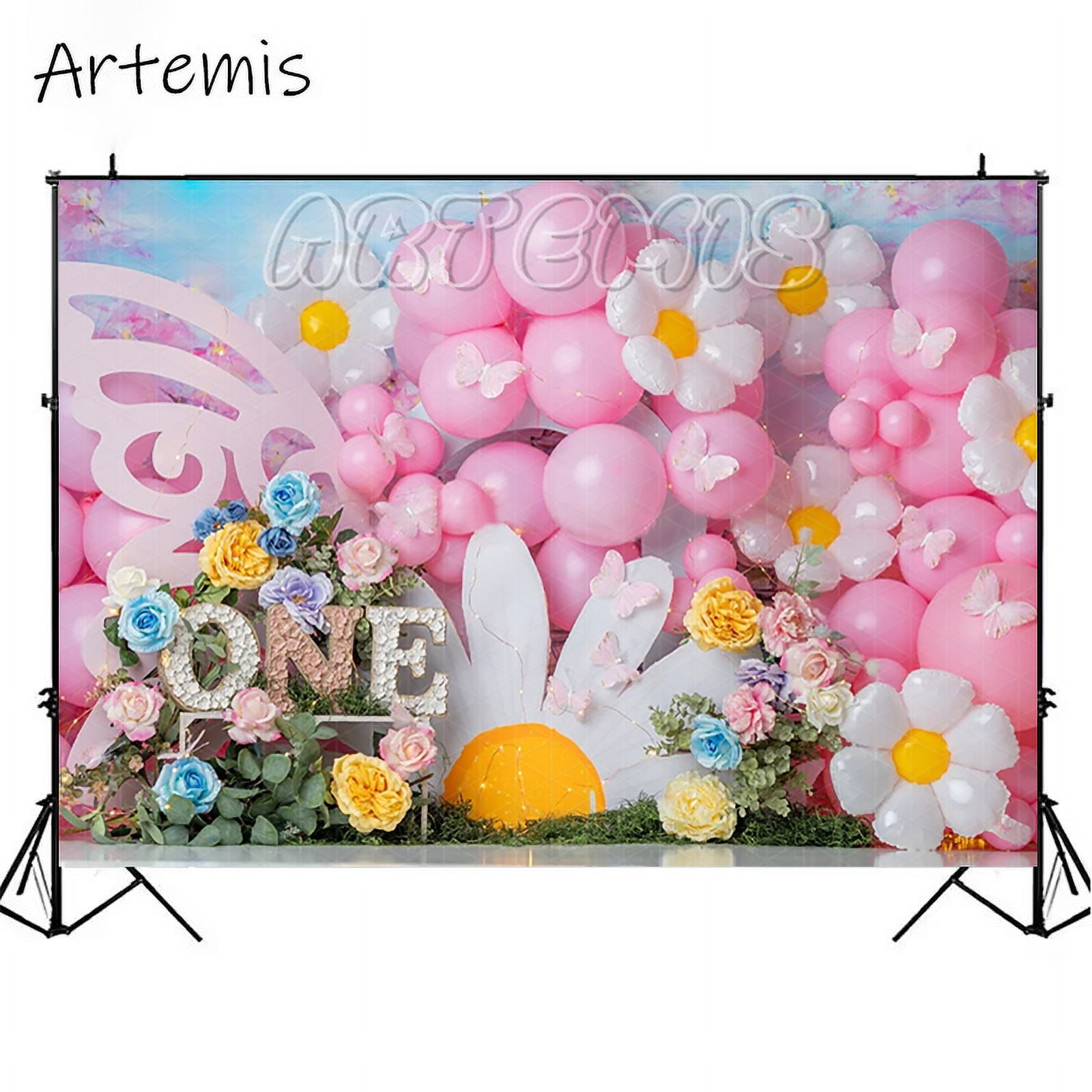 Pink Sunflower Balloons Butterfly Princess Cake Smash Floral Backdrops ...