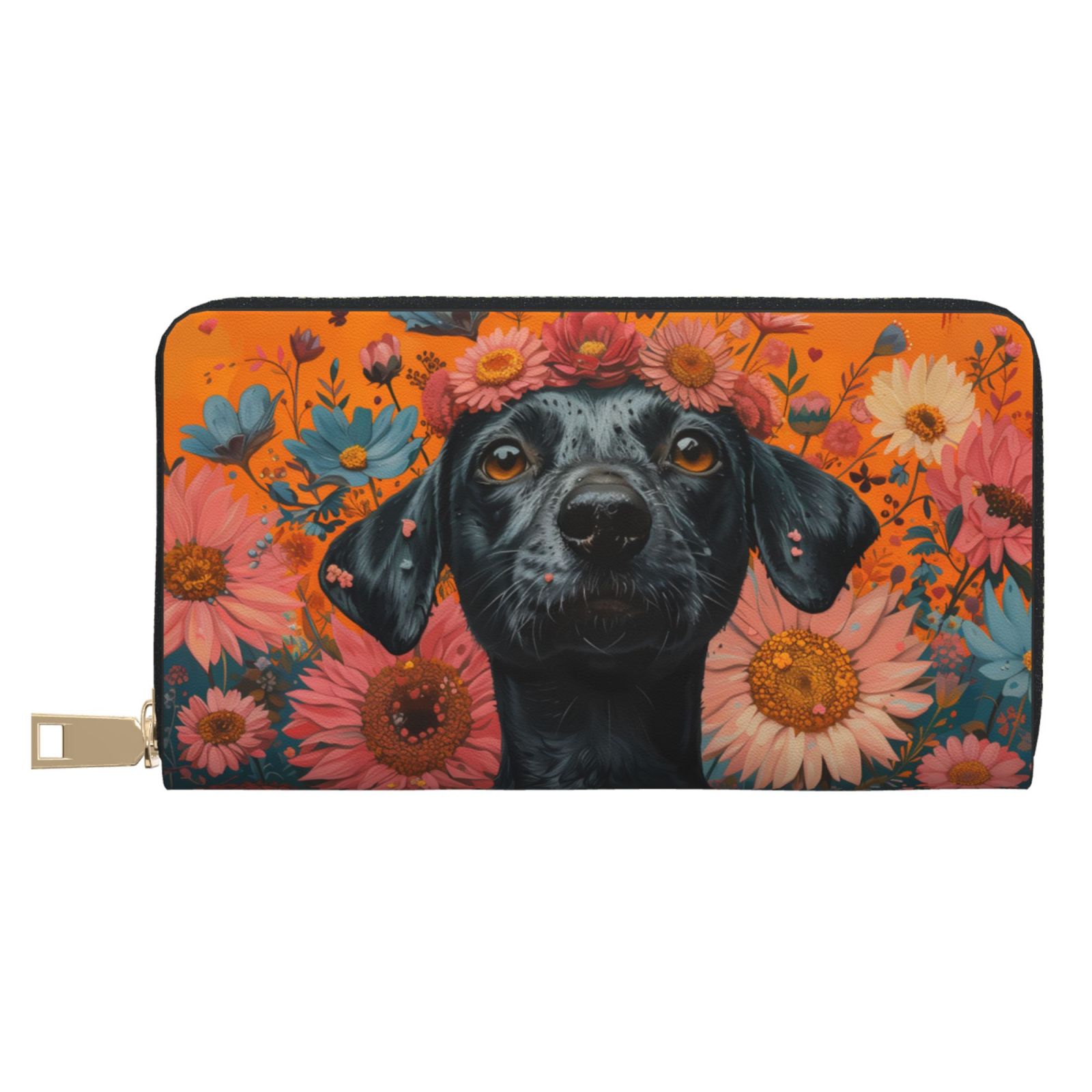 Pink Sunflower Black Dog Wallet Women, Leather Bifold Multi Card Wallet ...