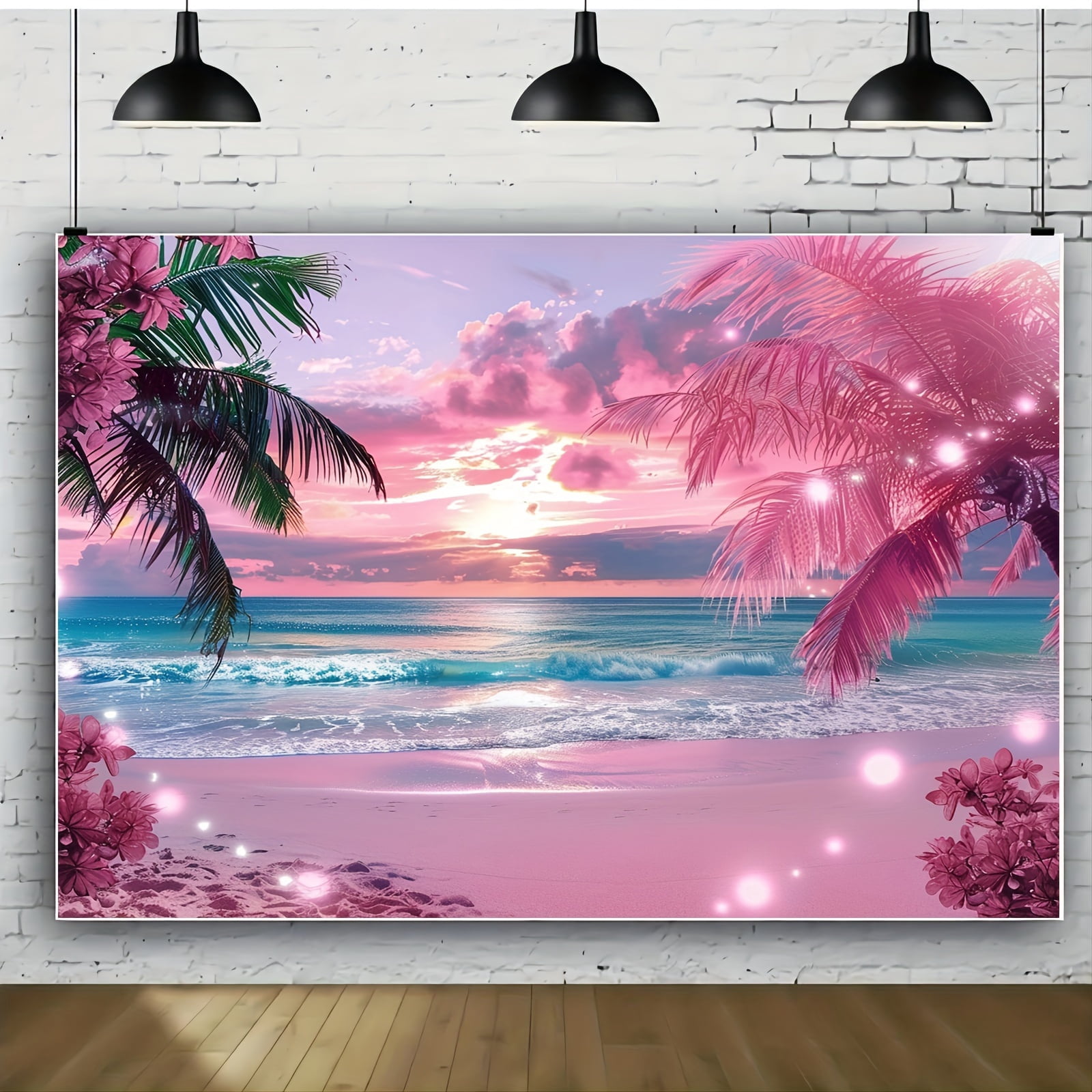 Pink Sunset Hawaiian Beach Backdrop Summer Hawaiian Tropical Palm Trees ...