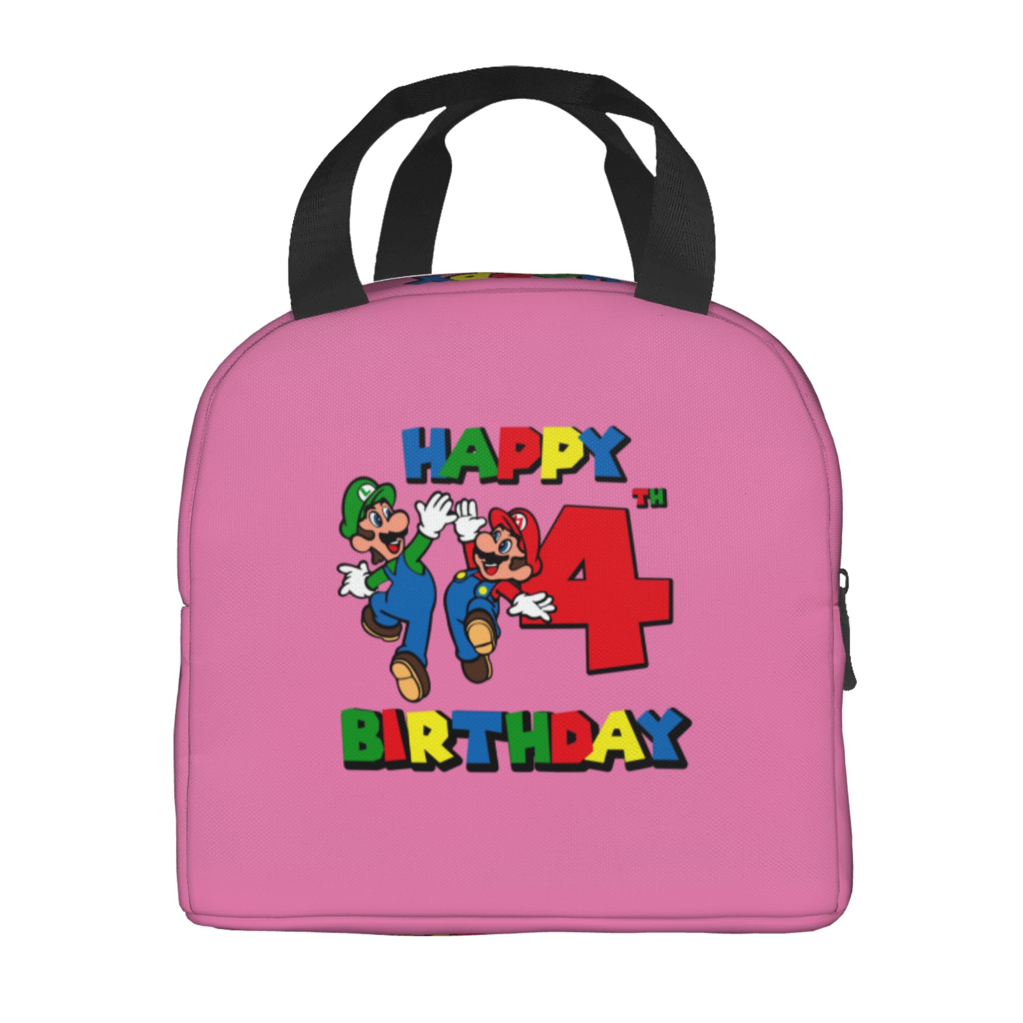 Pink Super Mario Happy Birthday 4th Lunch Bag Reusable Insulated Lunch ...