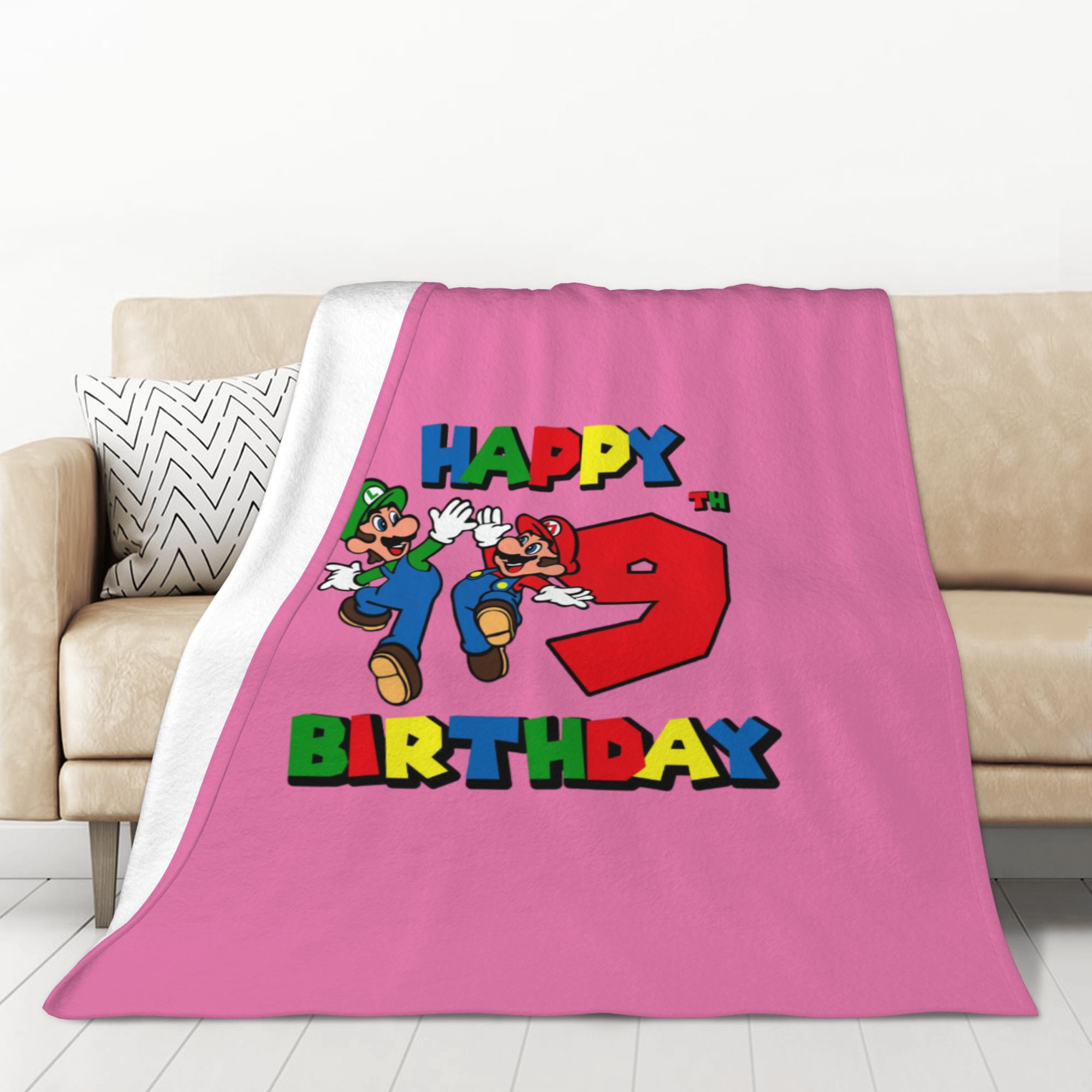 Pink Super Mario Happy Birthday 9th Blanket for Men Women Plush 320GSM-50"x70 Throw Blanket for ...