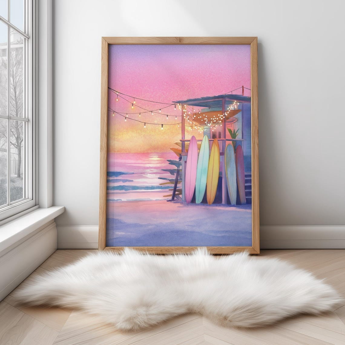 Pink Surfboard Poster - Pastel Surf Poster, Beach Sunset, California ...