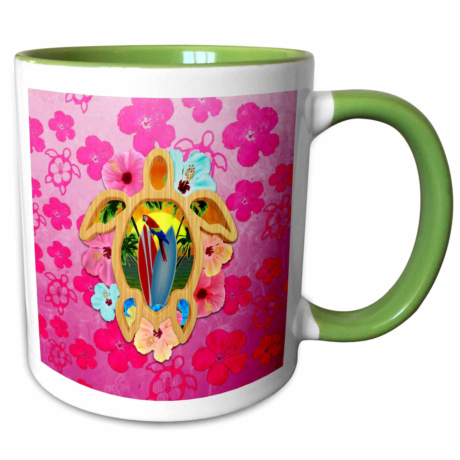3drose, Pink Surfing Sunset Design with Pink Hibiscus Flowers and Honu ...