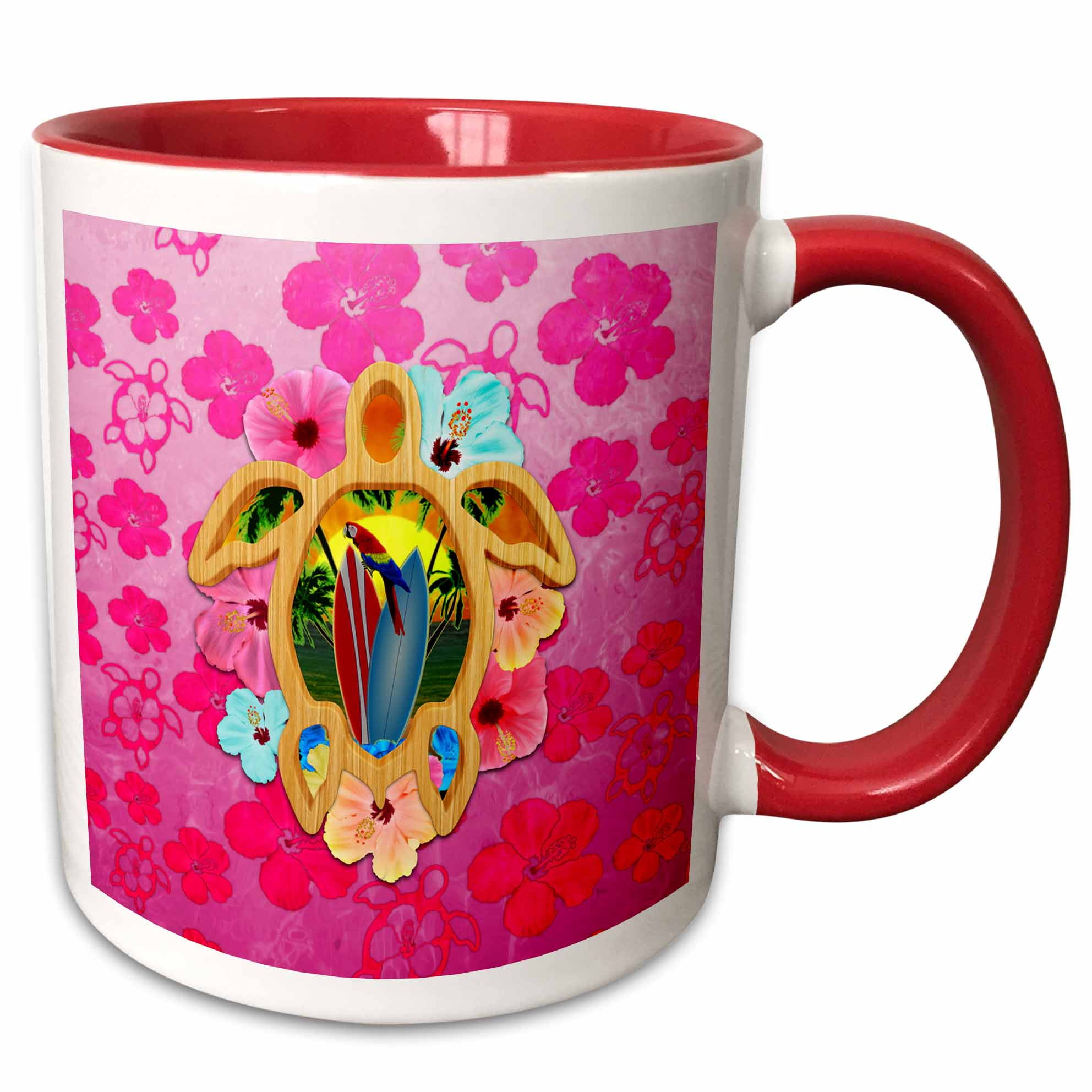 3drose, Pink Surfing Sunset Design with Pink Hibiscus Flowers and Honu ...
