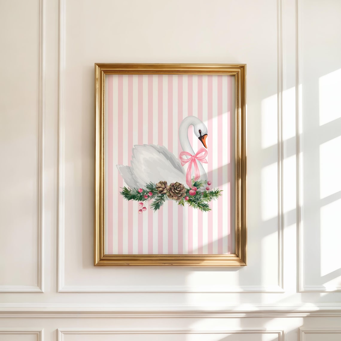 Pink Swan Winter Holiday Print, Coquette Pink Swan Winter Holiday Print ...