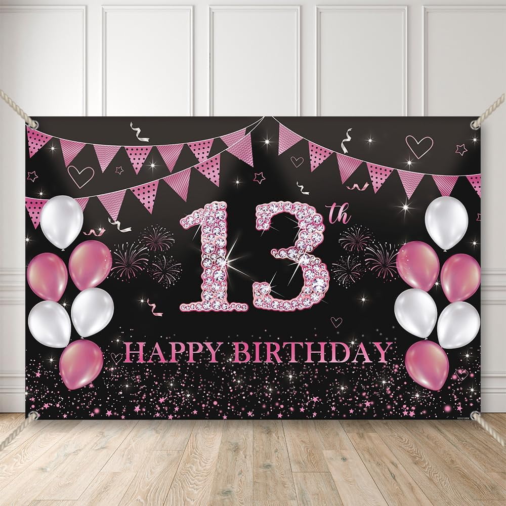 Pink Sweet 13 Birthday Backdrop Princess Girls 13th Birthday Party ...