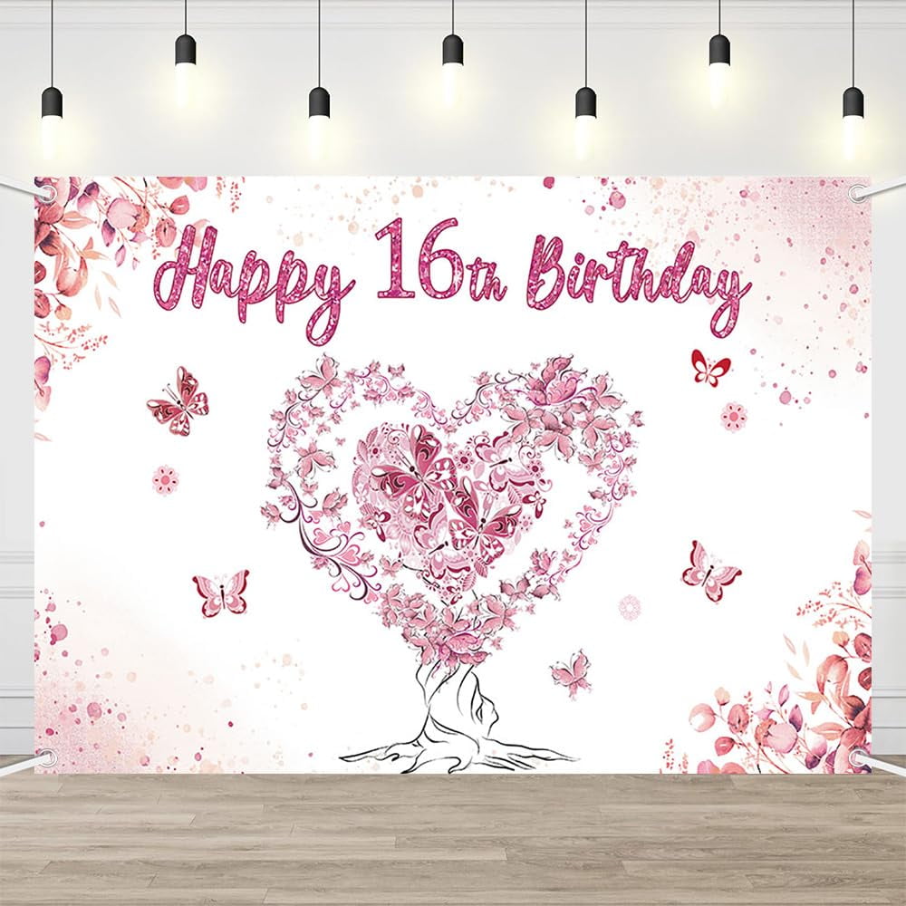 Pink Sweet 16 Birthday Backdrop Butterfly Heart Family Tree Girls ...