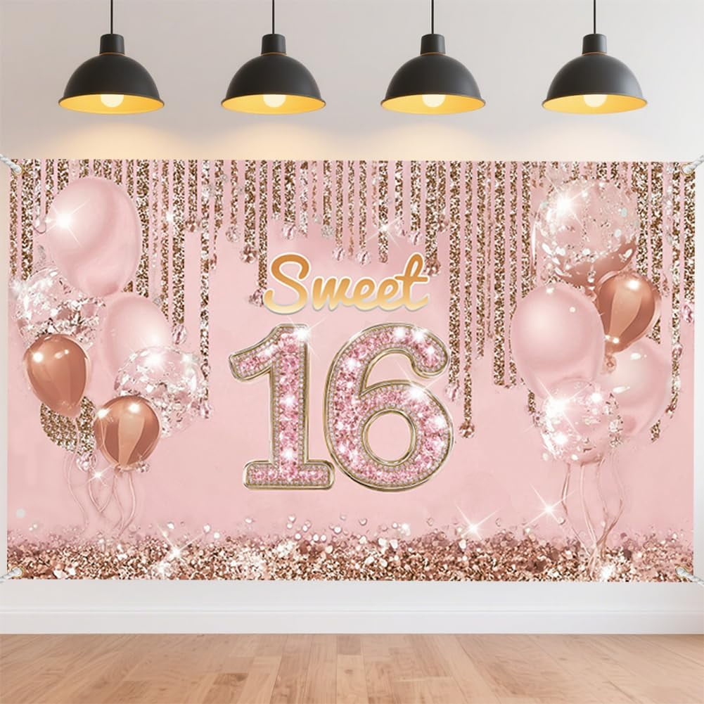Pink Sweet 16th Birthday Banner Backdrop Rectangle Polyester Hanging ...