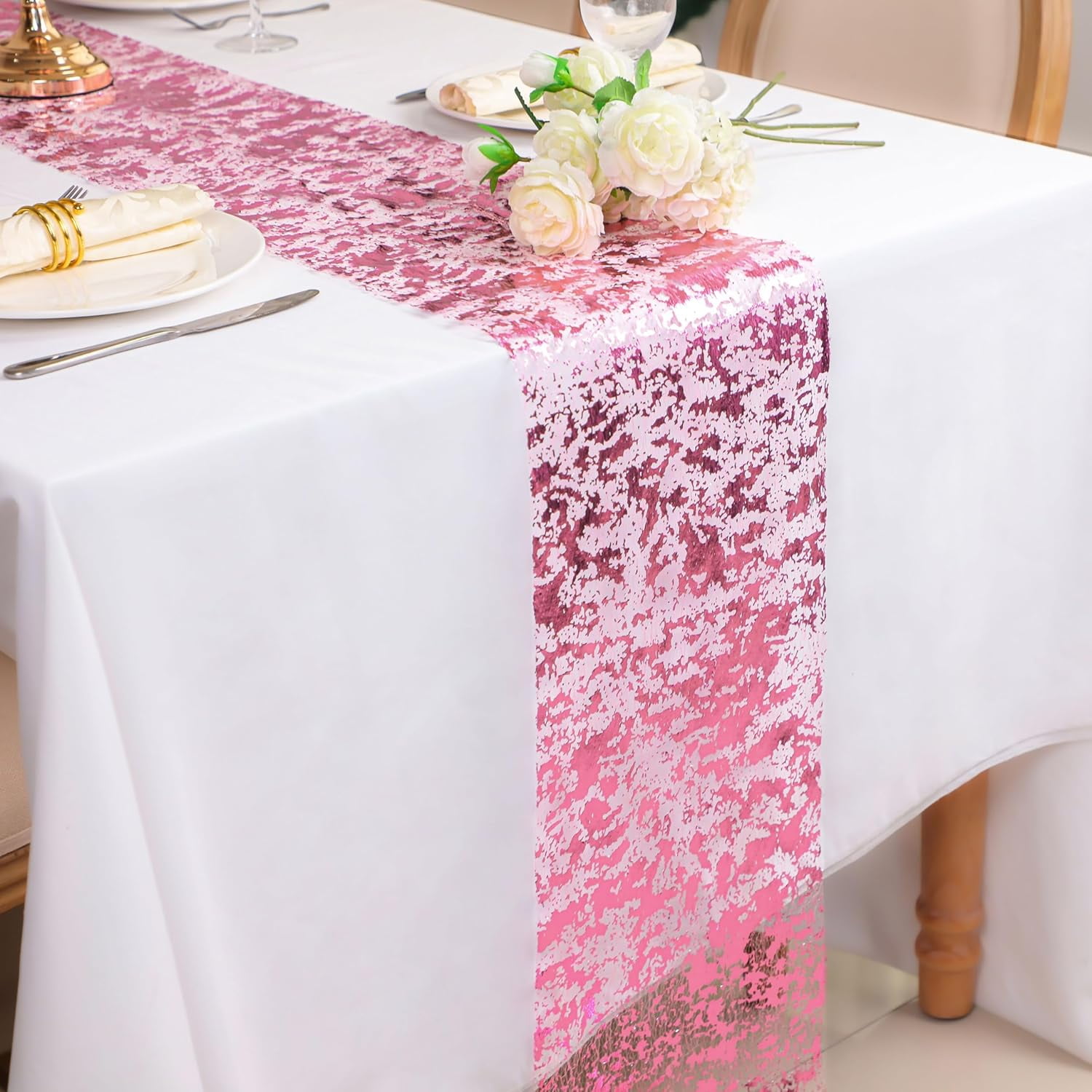 Pink Table Runner, 11 x 108 Inch Sequin Glitter Sparkle Foil Metallic ...