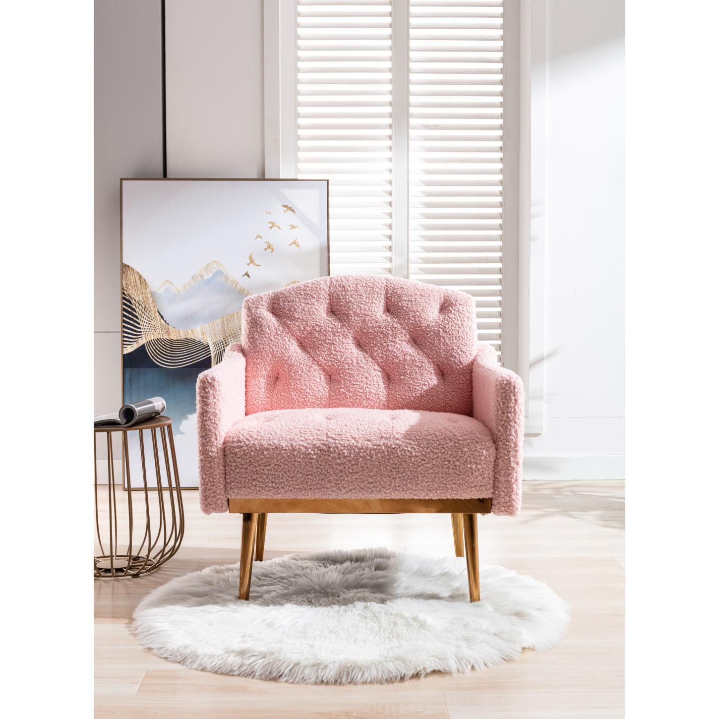 Pink Teddy Metal Accent Chair, Modern Single Sofa with Rose Gold Feet ...