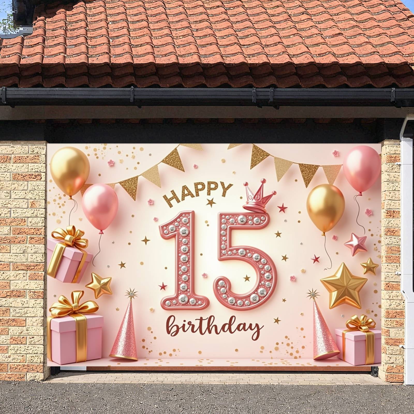 Pink Theme 15th Birthday Banner Gold Accent Sweet 15 Display Rhinestone ...