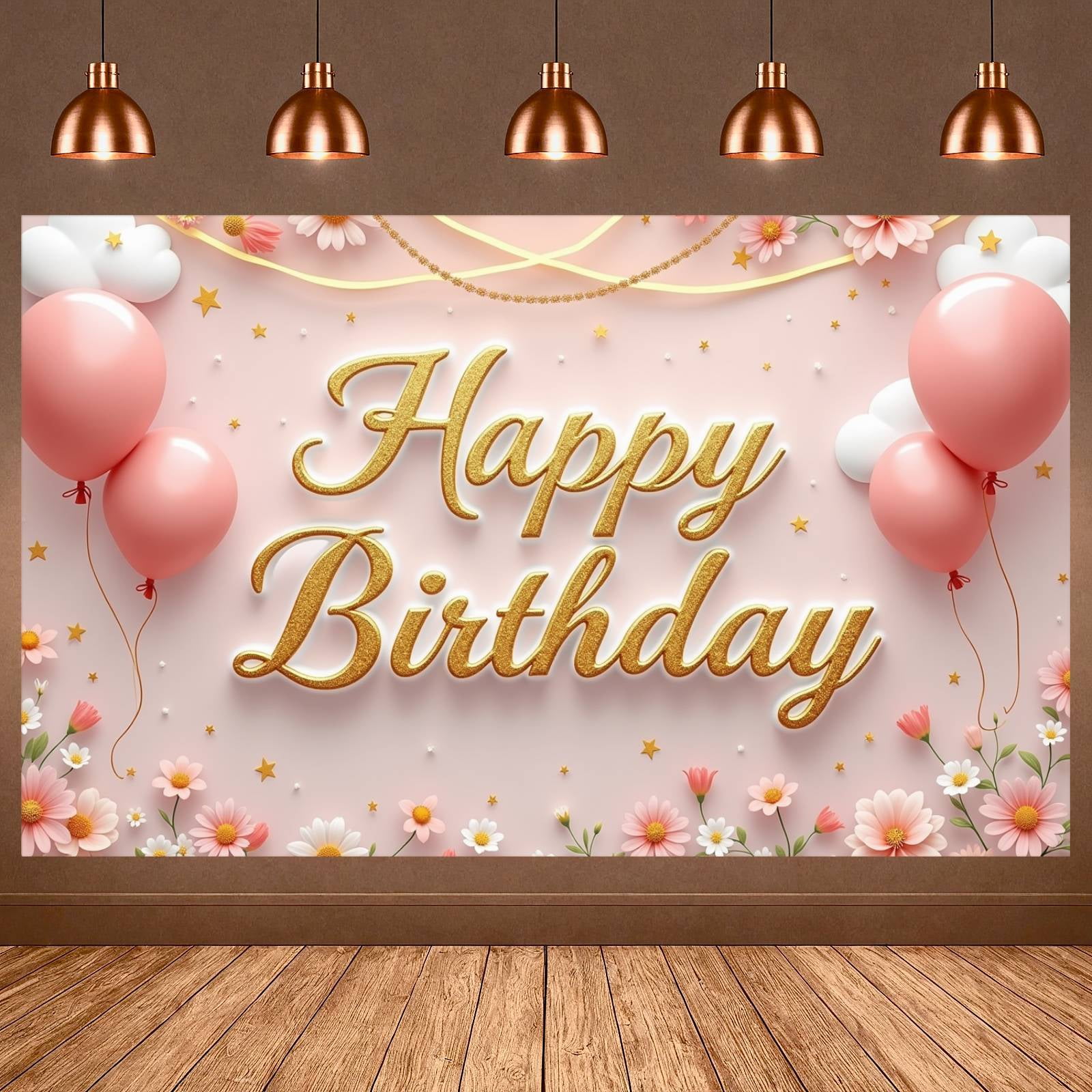 Pink Theme Banner Gold Glitter Pink Birthday Backdrop Floral Decoration ...