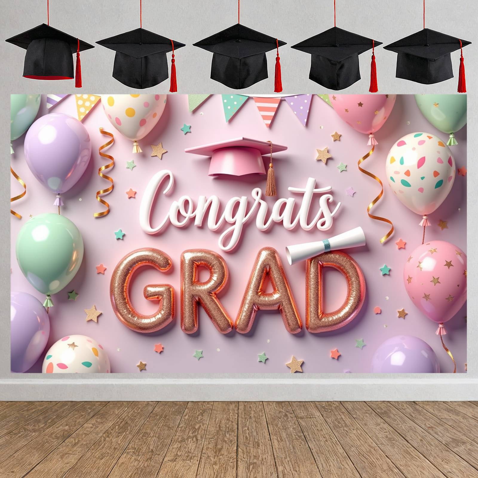 Pink Theme Graduation Banner Colorful Balloons Grad Display Gold Stars ...