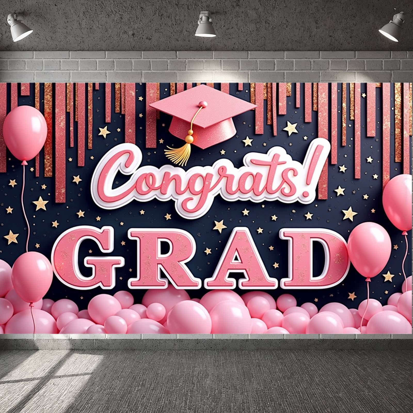 Pink Theme Graduation Banner Gold Stars Congrats Display Glitter Design ...