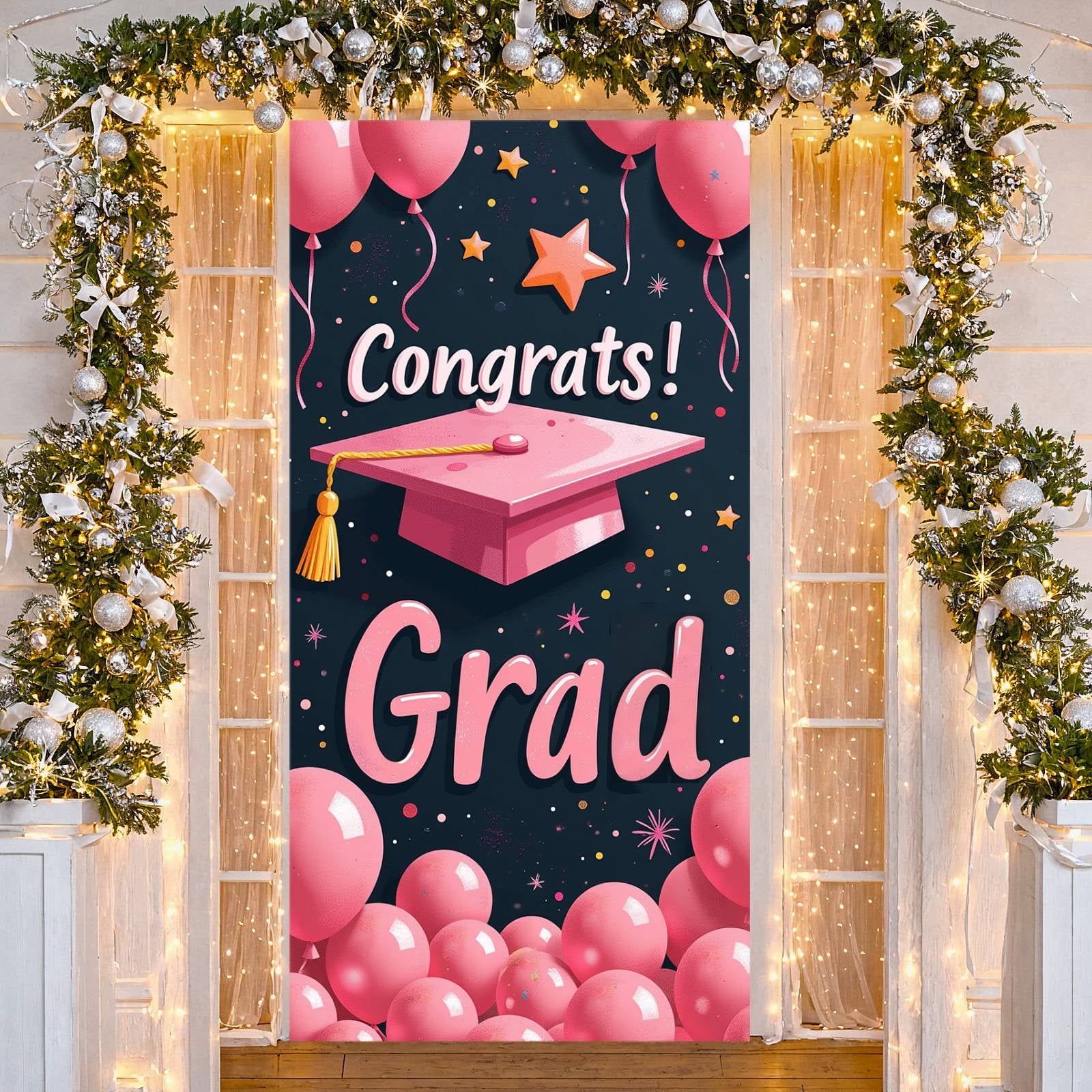 Pink Theme Graduation Banner Graduation Cap Congrats Display Balloons ...