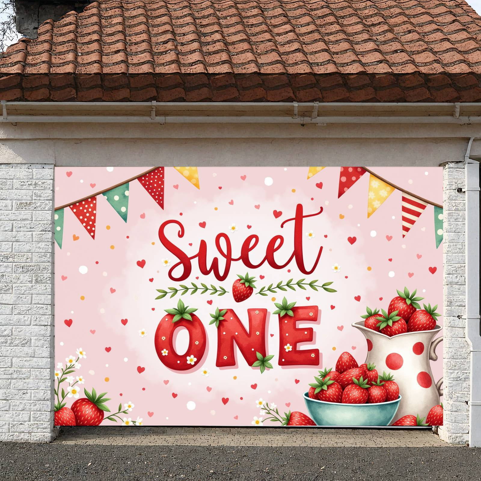 Pink Theme Sweet One Banner Strawberry Pattern First Birthday Display ...