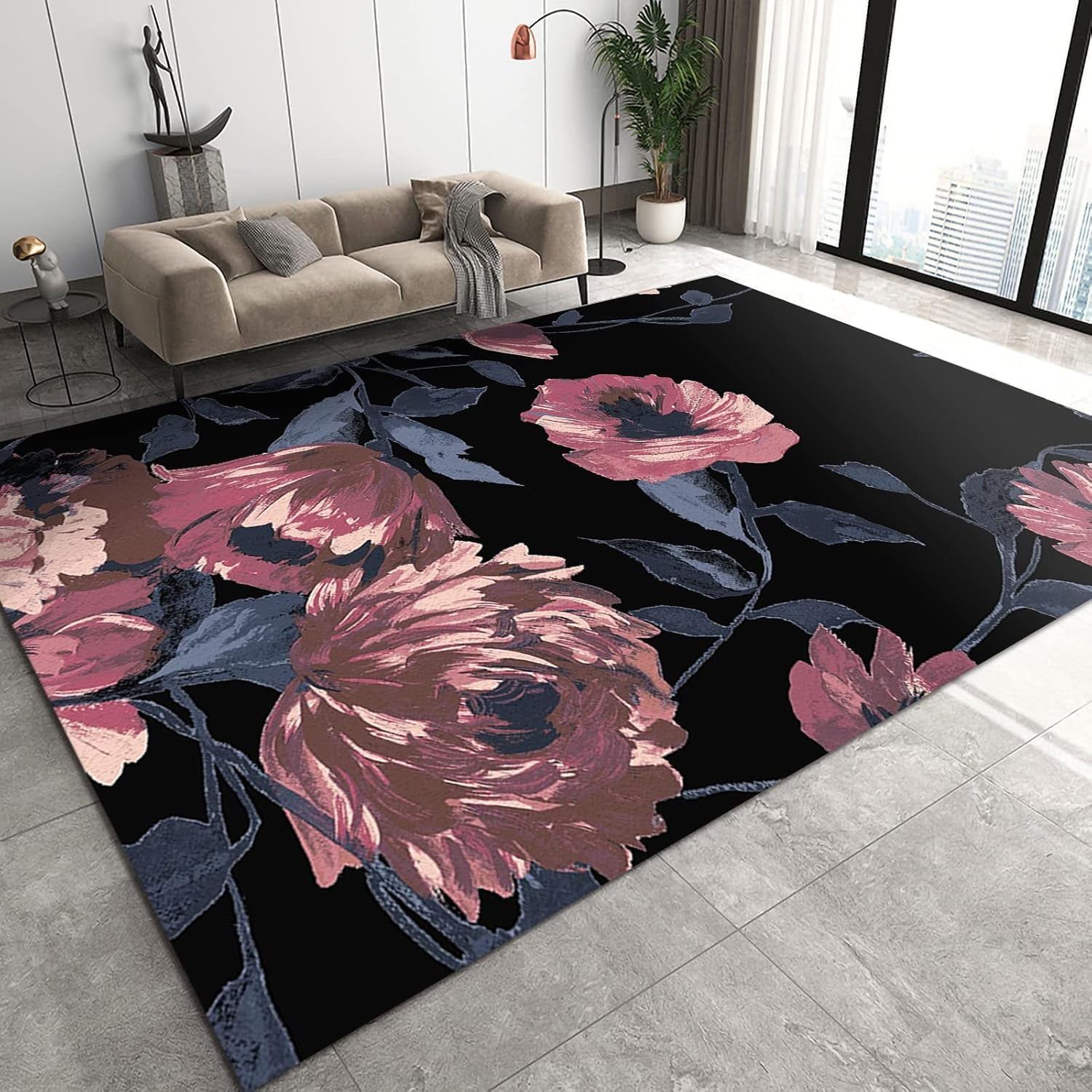 Pink Thorn Rose Flower Area Rugs, 3D Plant Carpet, Porch Mat ...