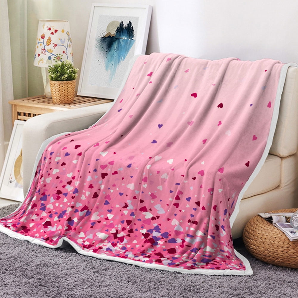 Pink Throw Blanket, Falling Red Hearts Pink Love Heart Blanket, Ombre Pink Throw Flannel ...