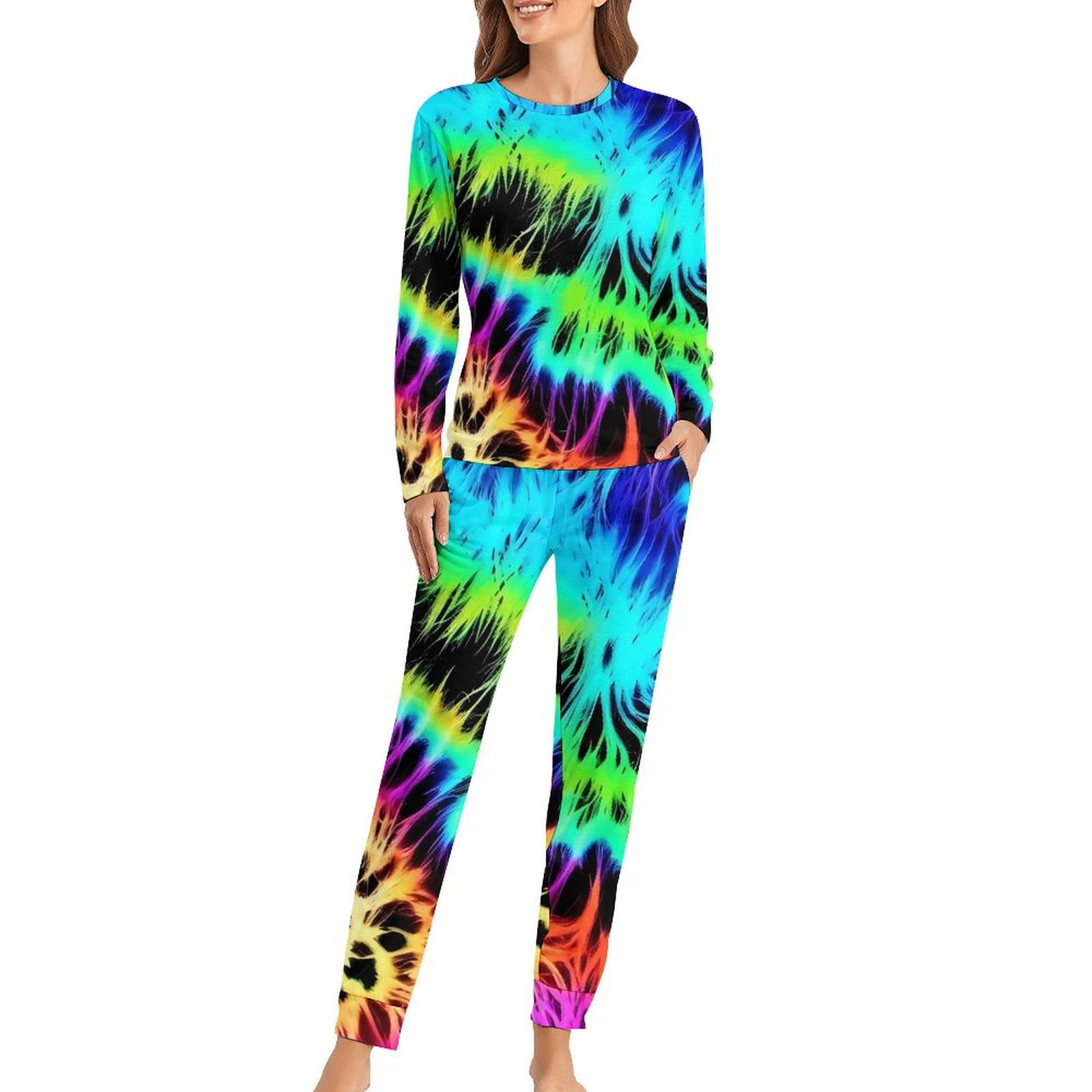 Pink Tie Dye Pajamas Women Colorful Art Print Cute Sleepwear Spring Two ...