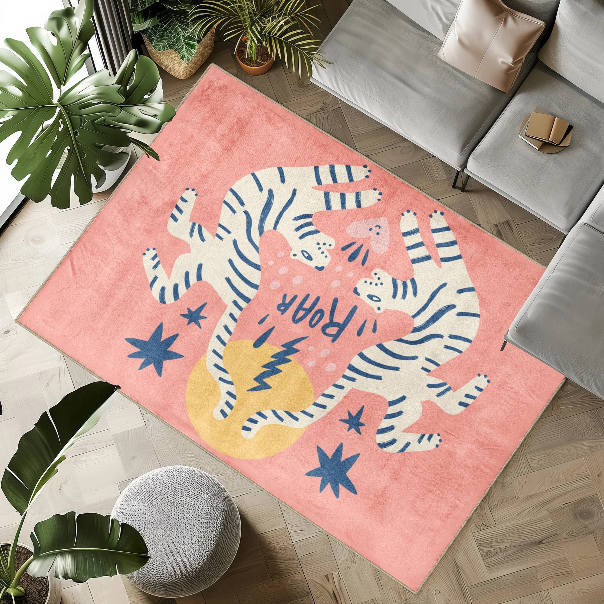 Pink Tiger Area Rug Animal Theme For Bedroom Fashion rative Rug Living ...