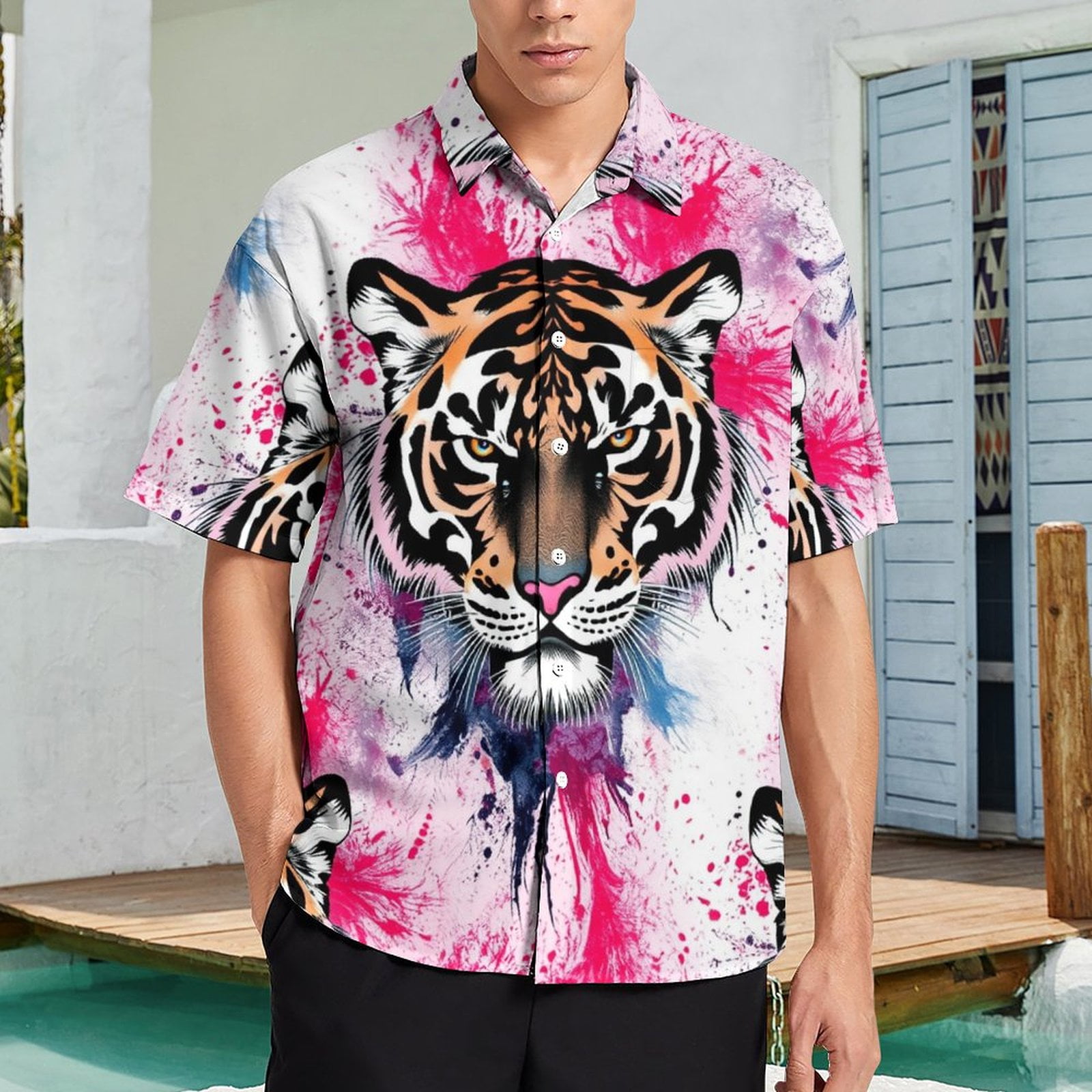 Pink Tiger Splash Pattern Art Male Retro Print Casual Shirts Hawaiian ...