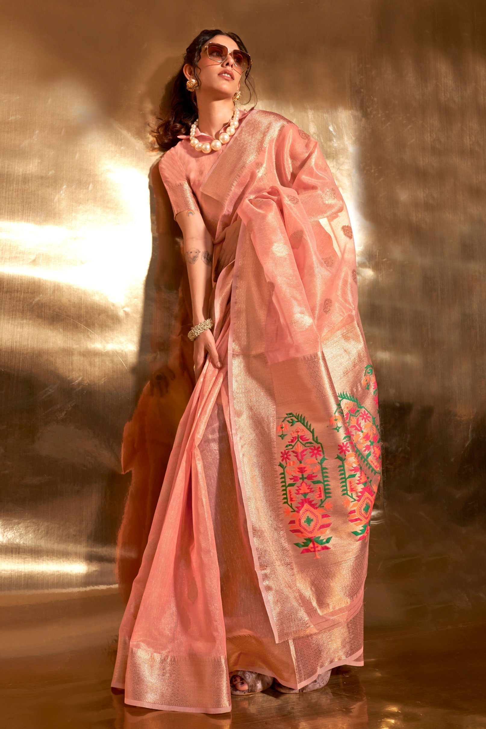 Pink Tissue Paithani Saree - Walmart.com