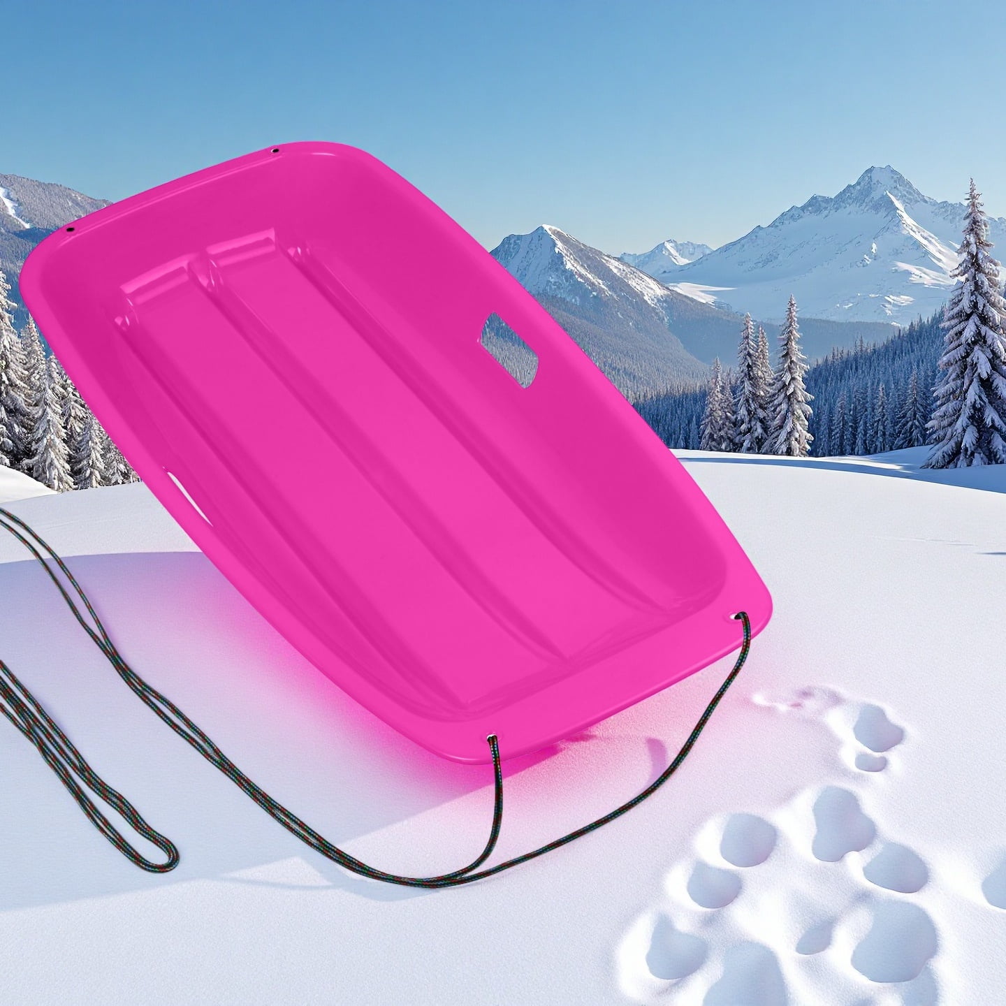 Pink Toboggan Sled, 3FT Heavy-Duty Snow Sled with Built-in Handles and ...