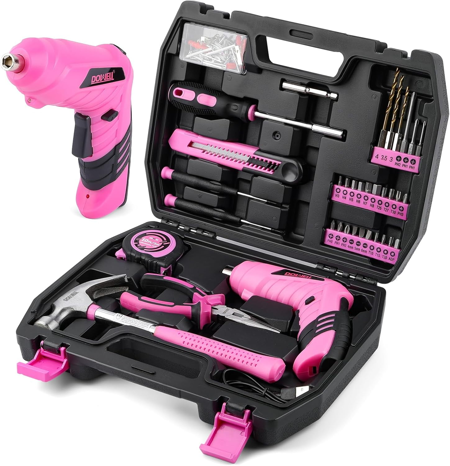 Pink Tool Kit with 3.6V USB Cordless Screwdriver, Small Drill Set for ...