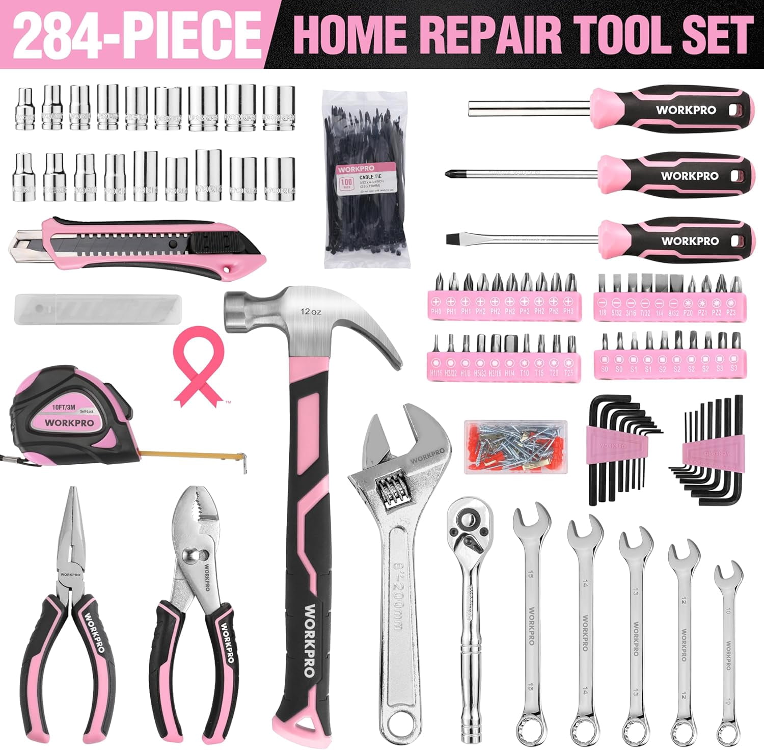 Pink Tool Set, 284 PCS Home Repair Toolkit for Women, Portable Tool Box ...