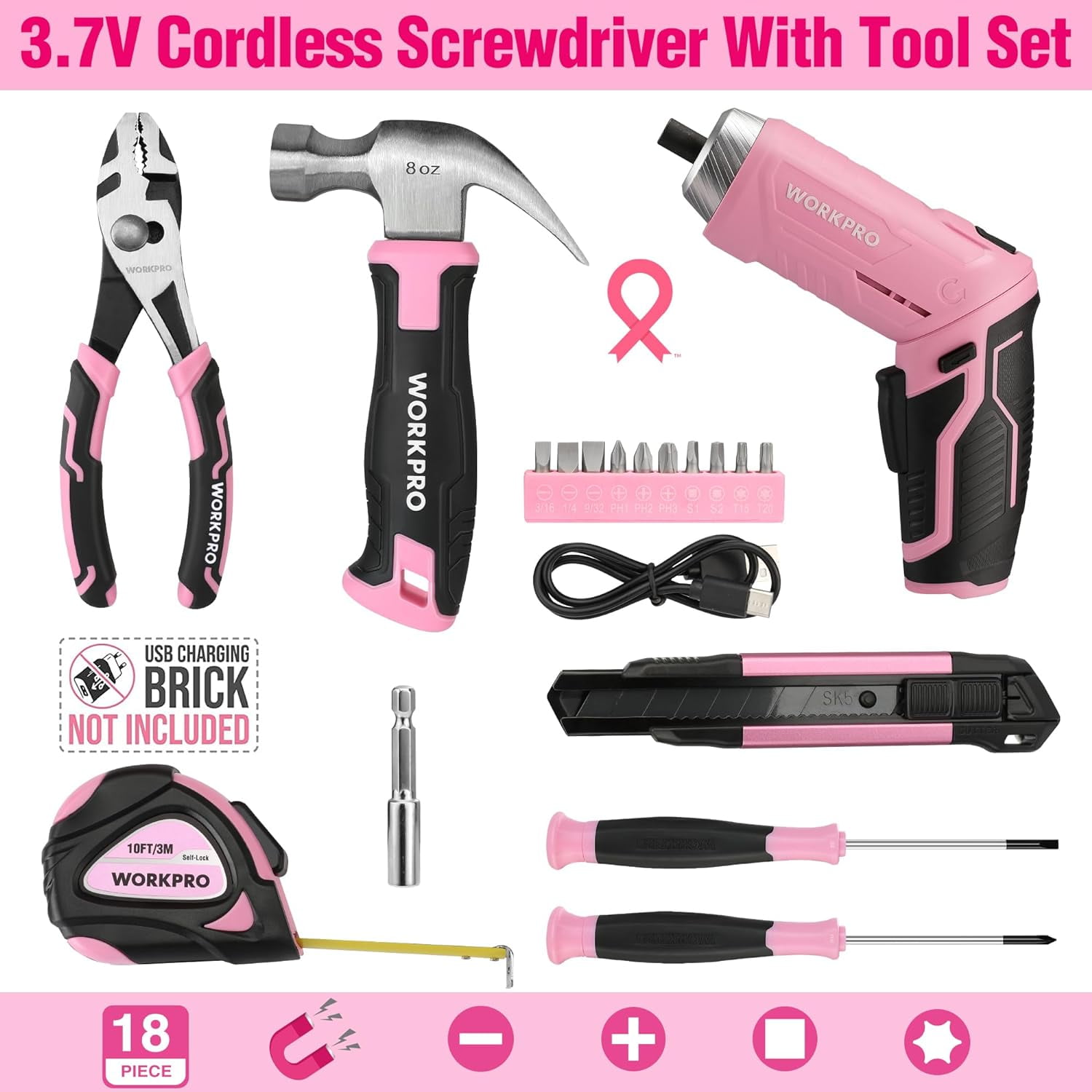 Pink Tool Set with Rotatable Electric Screwdriver, Portable Home Kit ...