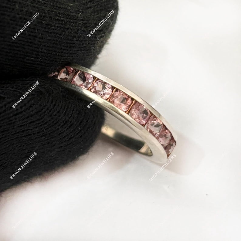 Pink Tourmaline Half Eternity Ring – 925 Sterling Silver Stackable Band ...