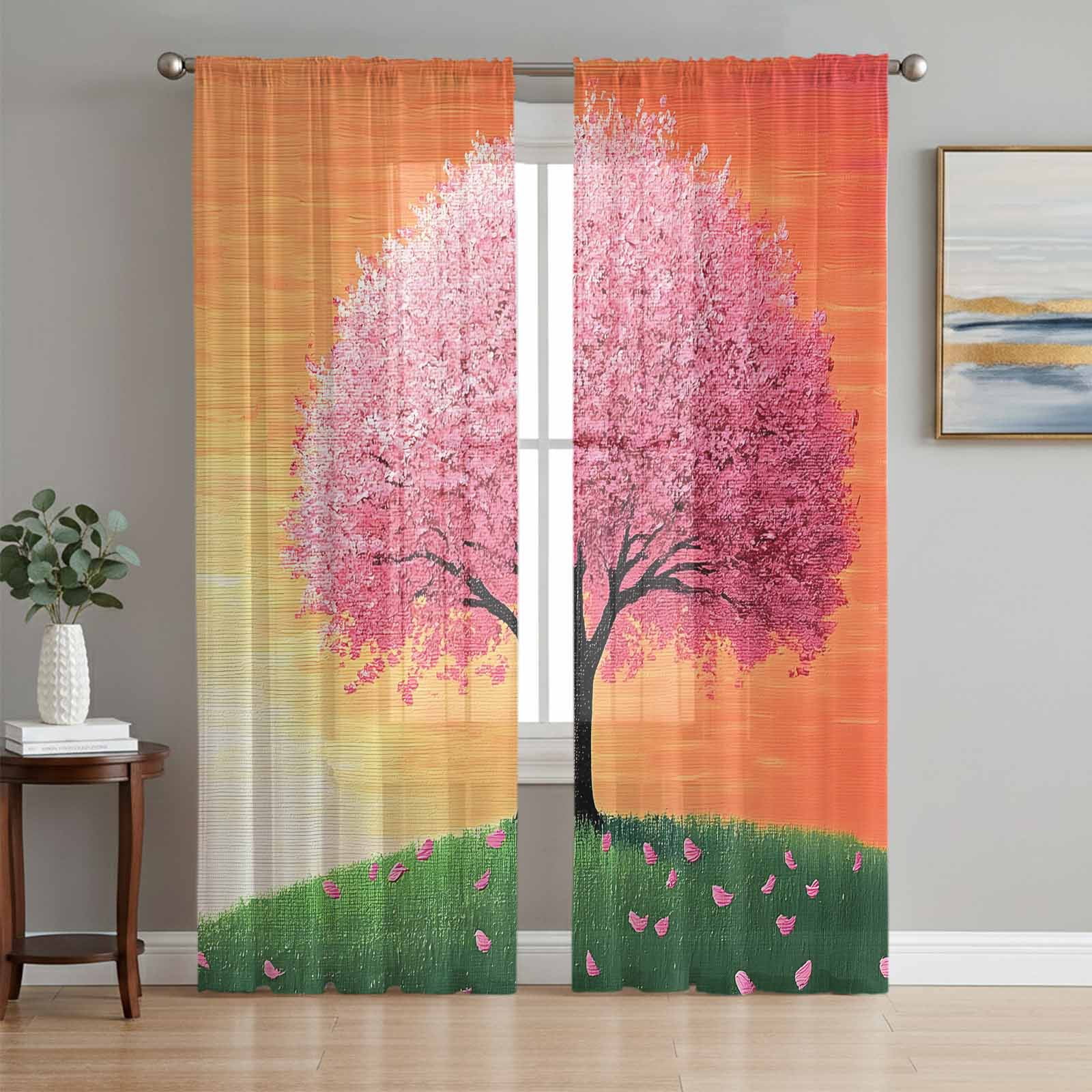 Pink Tree Sheer Curtains 84 Inch Length 2 Panels Set, Orange Gradient ...